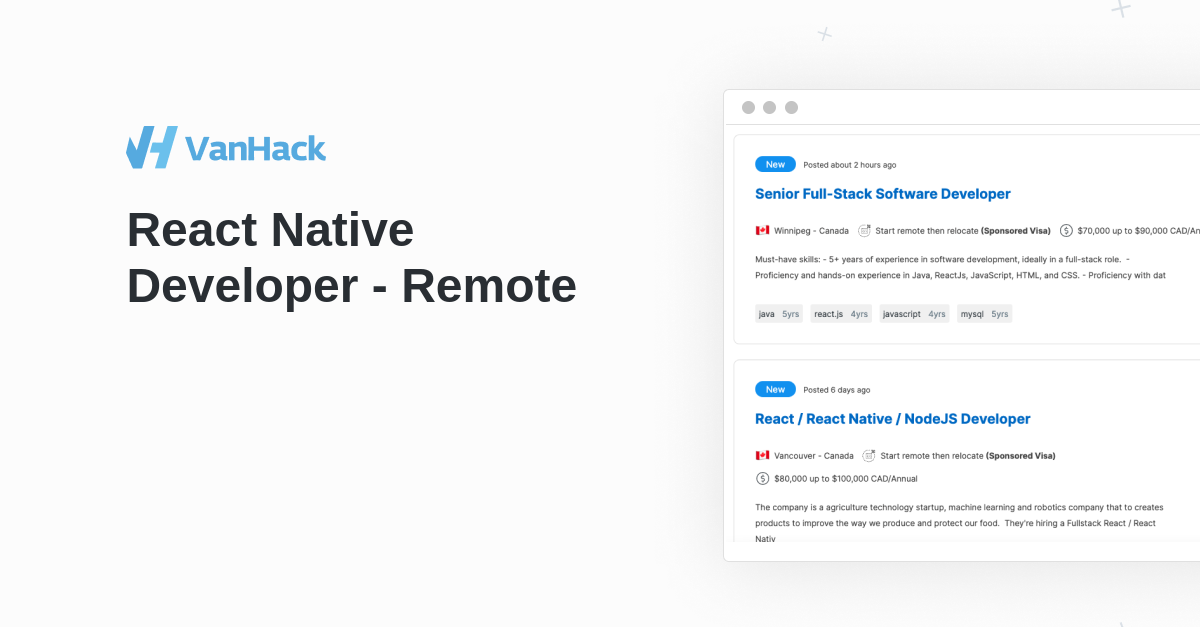 React Native Developer - Remote - VanHack